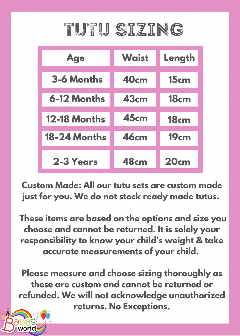 Tutu Sizing | Babas World
